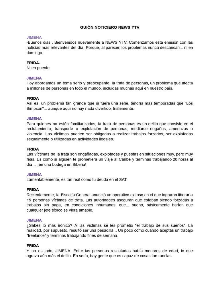 Guión Noticiero News Ytv | PDF | Trata de personas
