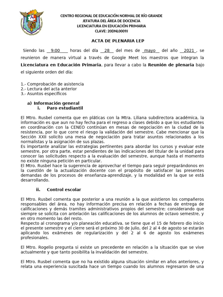 Acta de Plenaria Lep | PDF | Enseñando | Educación primaria