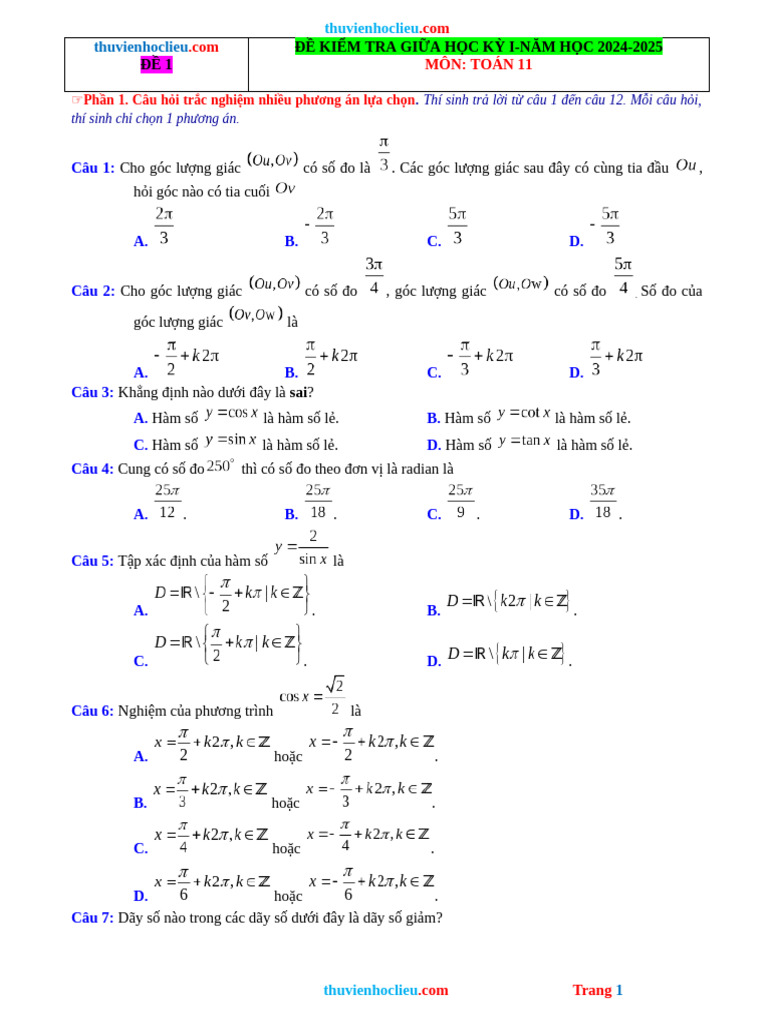 10 de Kiem Tra Giua HK1 Toan 11 CTM | PDF