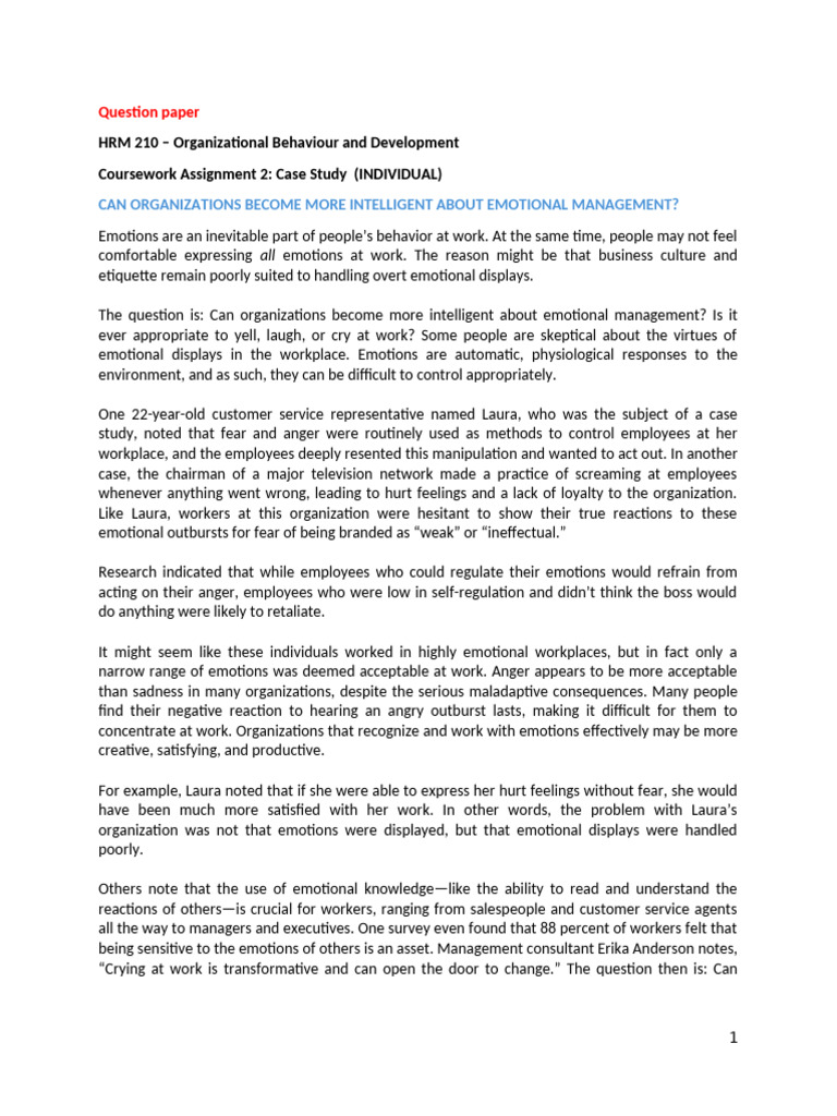HRM 210 - Coursework Assignment 2 - Case Study Question Paper | PDF ...