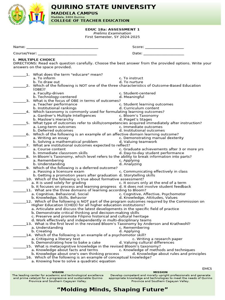 Prelim | PDF | Educational Assessment | Learning