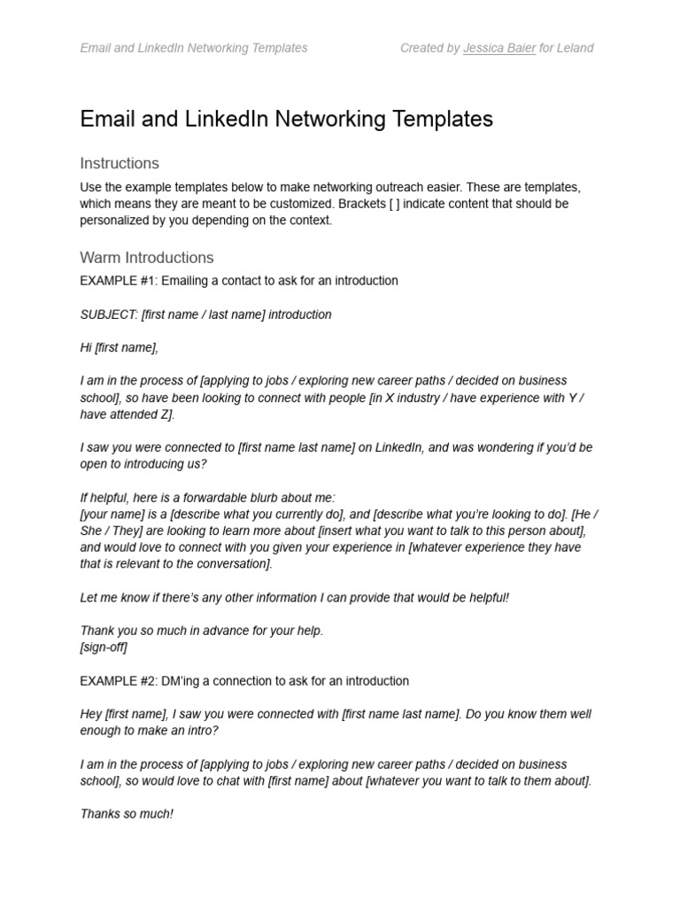 Email and LinkedIn Networking Templates - Jessica Baier | PDF | Career ... Email and LinkedIn Networking Templates - Jessica Baier | PDF | Career ...