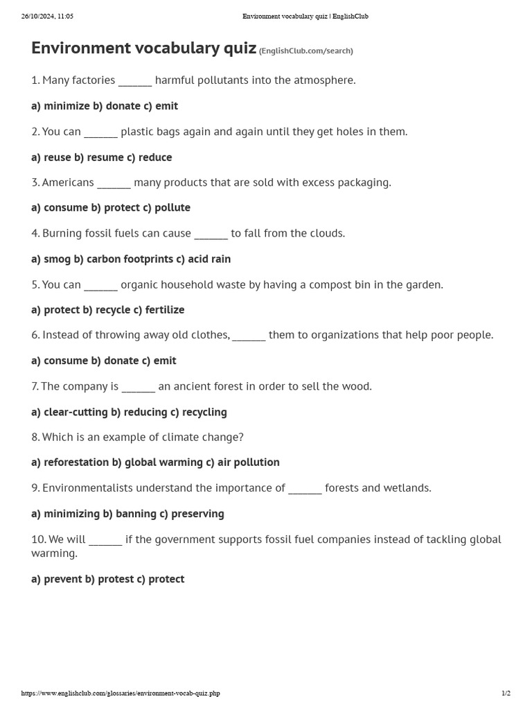 Environment Vocabulary Quiz - EnglishClub | PDF | Climate Change | Waste