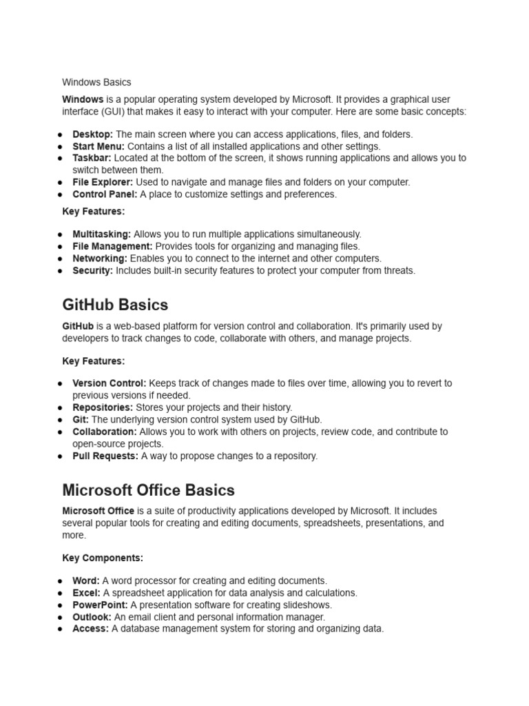 Explain Basics of Windows, Github, Ms Office | PDF | Microsoft Office | Application Software
