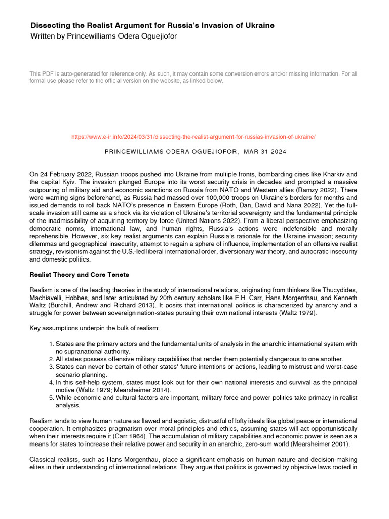 Dissecting The Realist Argument For Russias Invasion of Ukraine | PDF ...