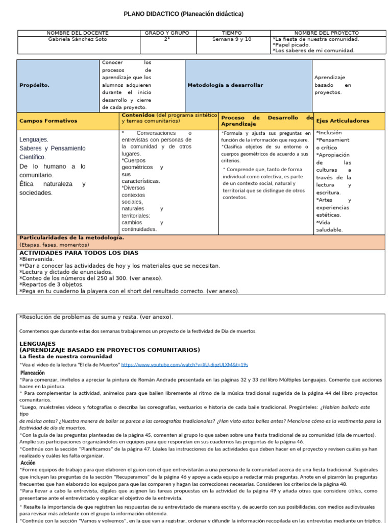 Planeación 2° Semana 9 y 10 | PDF | Aprendizaje | Maestros