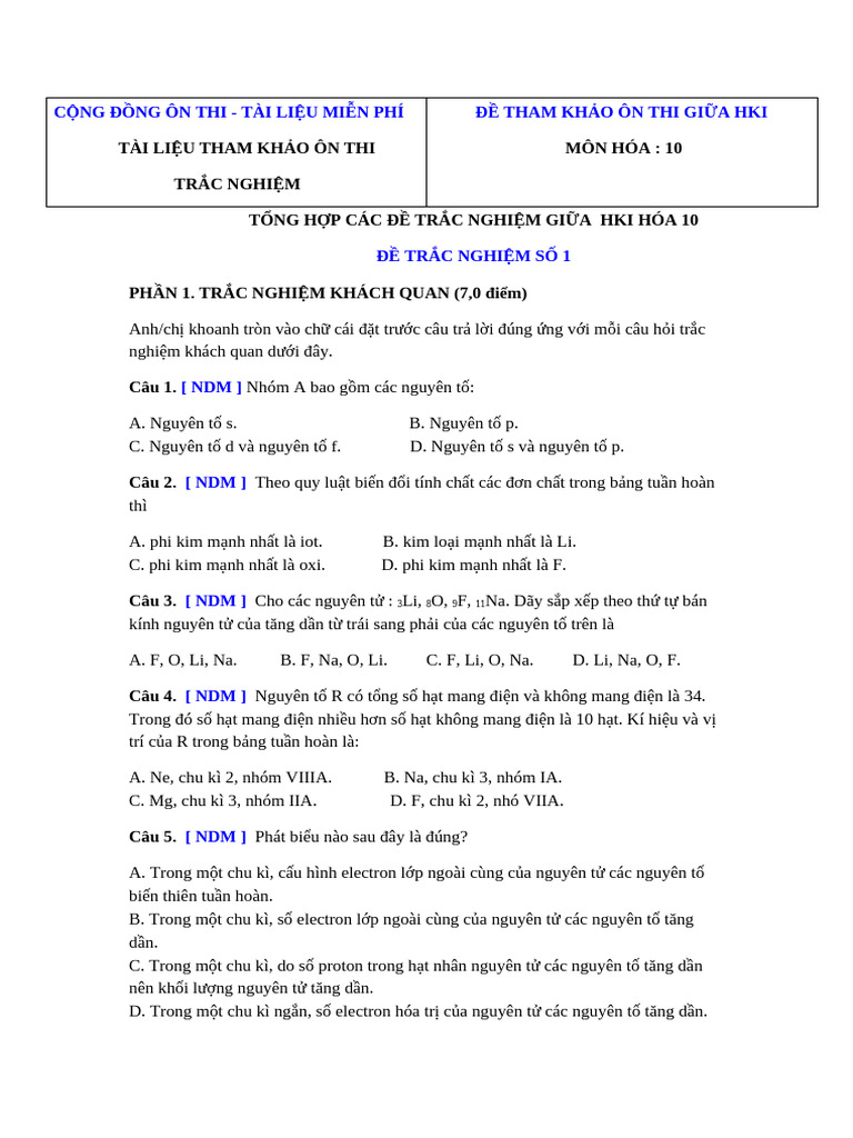 Bộ 2 Đề Trắc Nghiệm Hóa 10 Thi Giữa HKI NDM | PDF