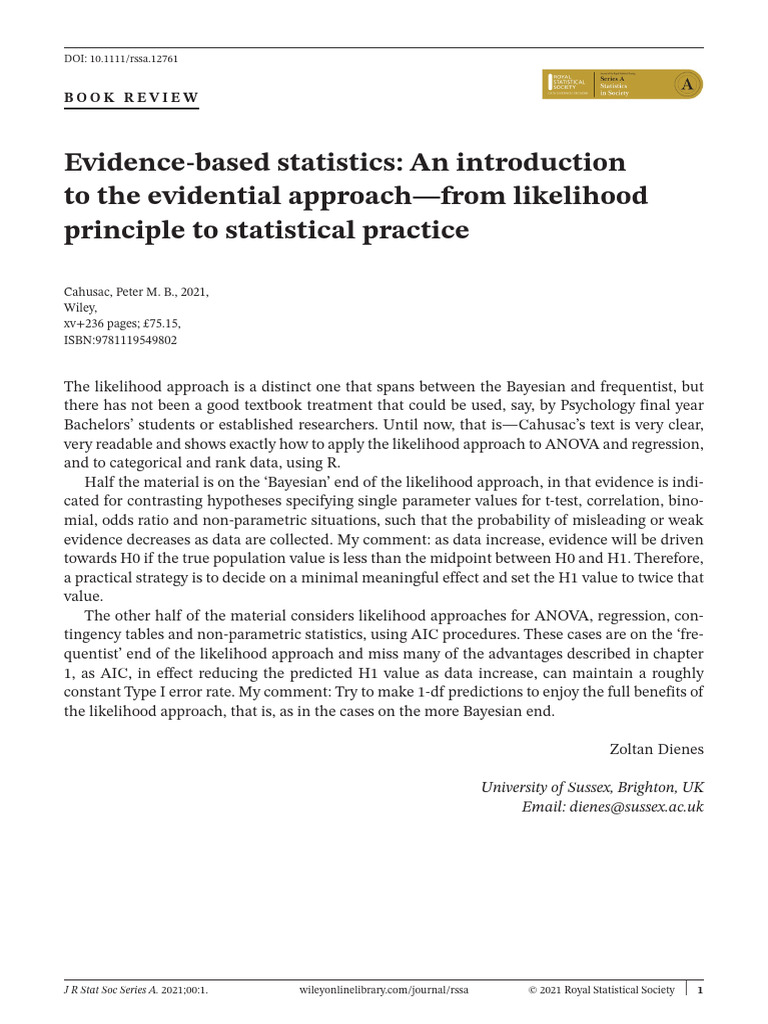 Evidence-Based Statistics: An Introduction To The Evidential Approach - From Likelihood ...