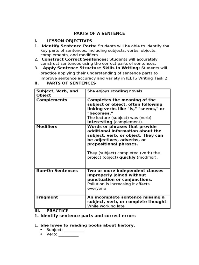 Unit 2 Sentence Parts Answer Key | PDF | Subject (Grammar) | Grammar