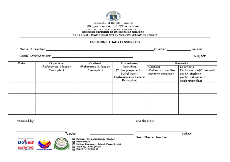 Customized Daily Lesson Log Template | PDF