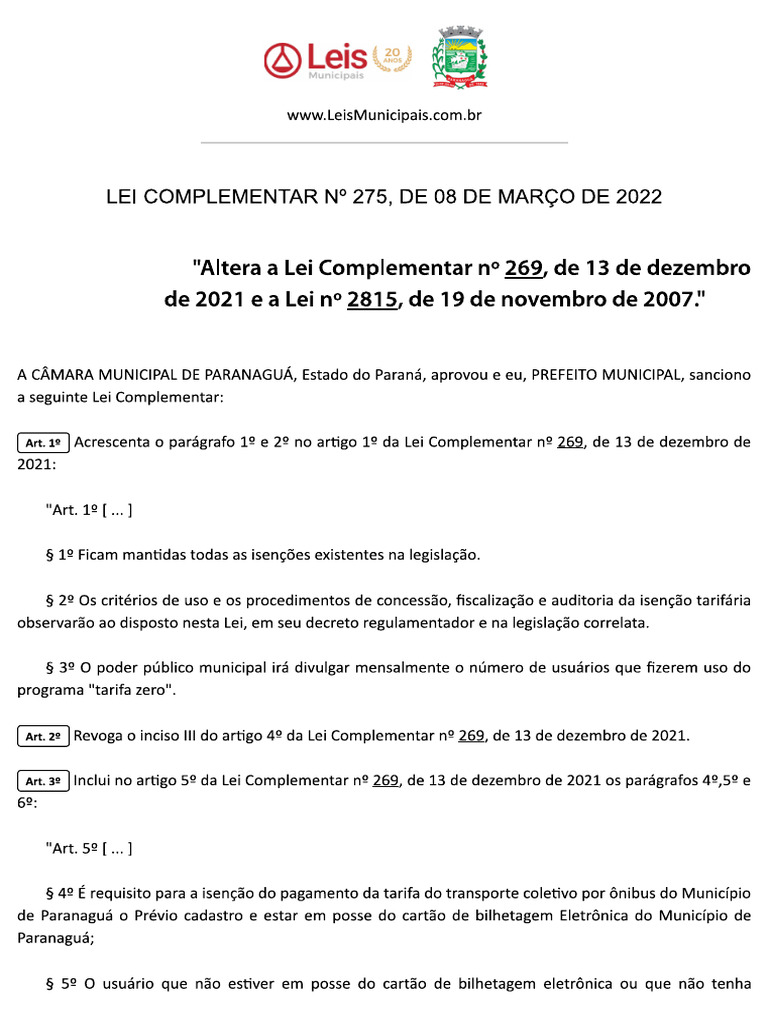 Lei Complementar 275 de 08 03 22 1 | PDF
