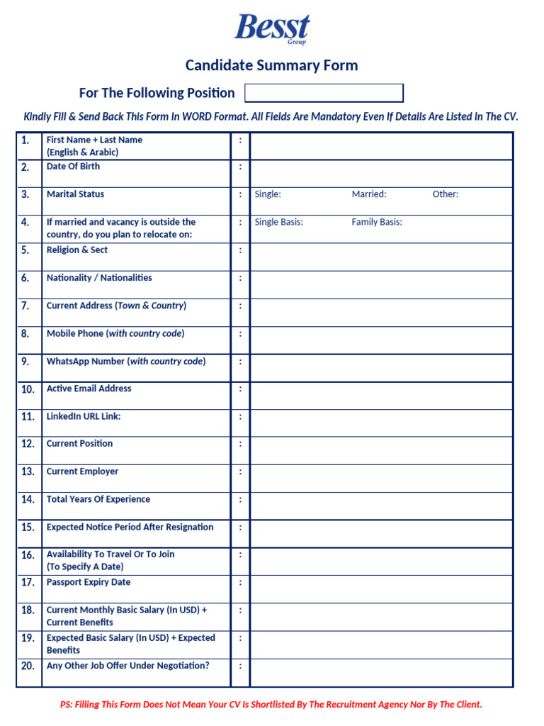 Candidate Summary Form Template | PDF