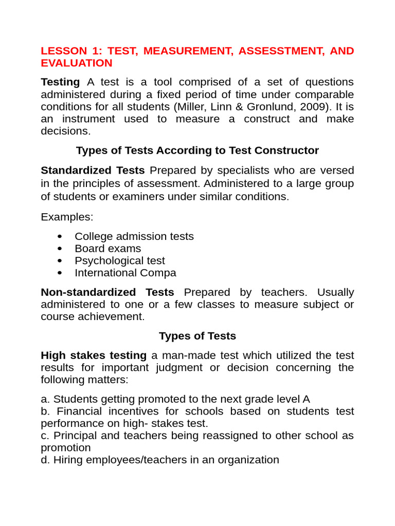 ASSESSMENT-LESSON-1 | PDF | Educational Assessment | Evaluation