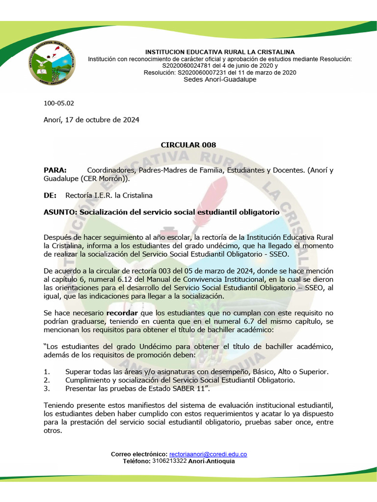 Circular 008 Ier La Cristalina 2024 - Socialización Sseo | PDF