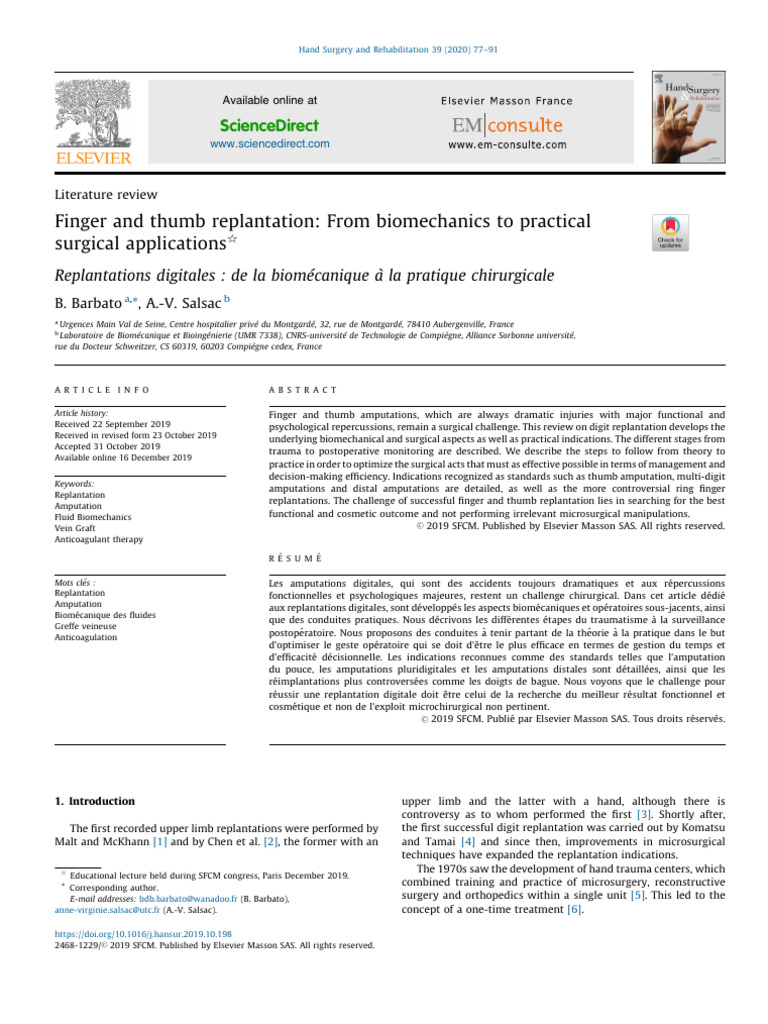 Finger and Thumb Replantation - From Biomechanics To Practical Surgical ...