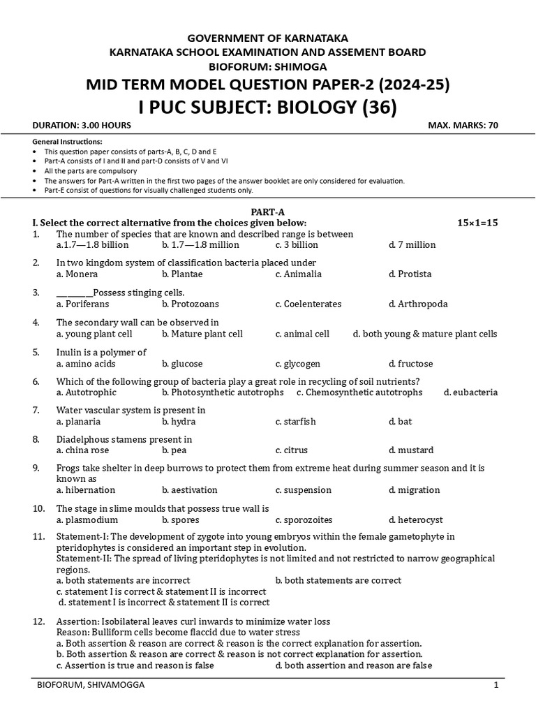 I PUC - Mid Term Model Paper-2 (Biology-2024) - 1 | PDF | Cell (Biology ...