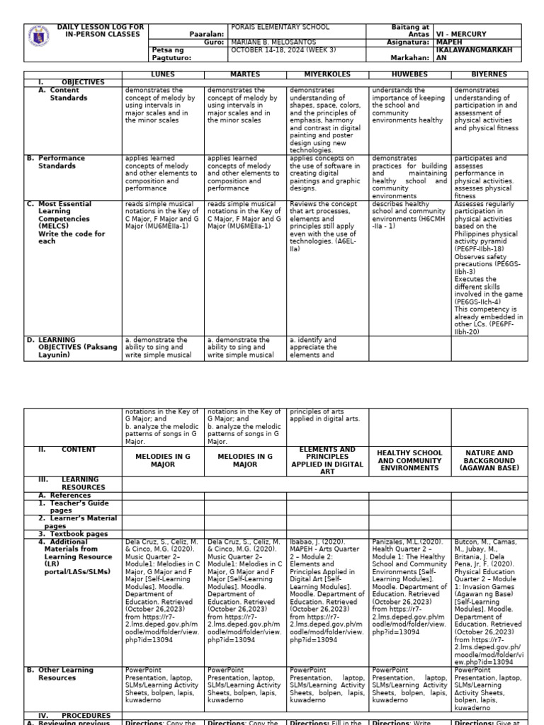 G6 Q2W2 DLL MAPEH MELCs | PDF | Moodle