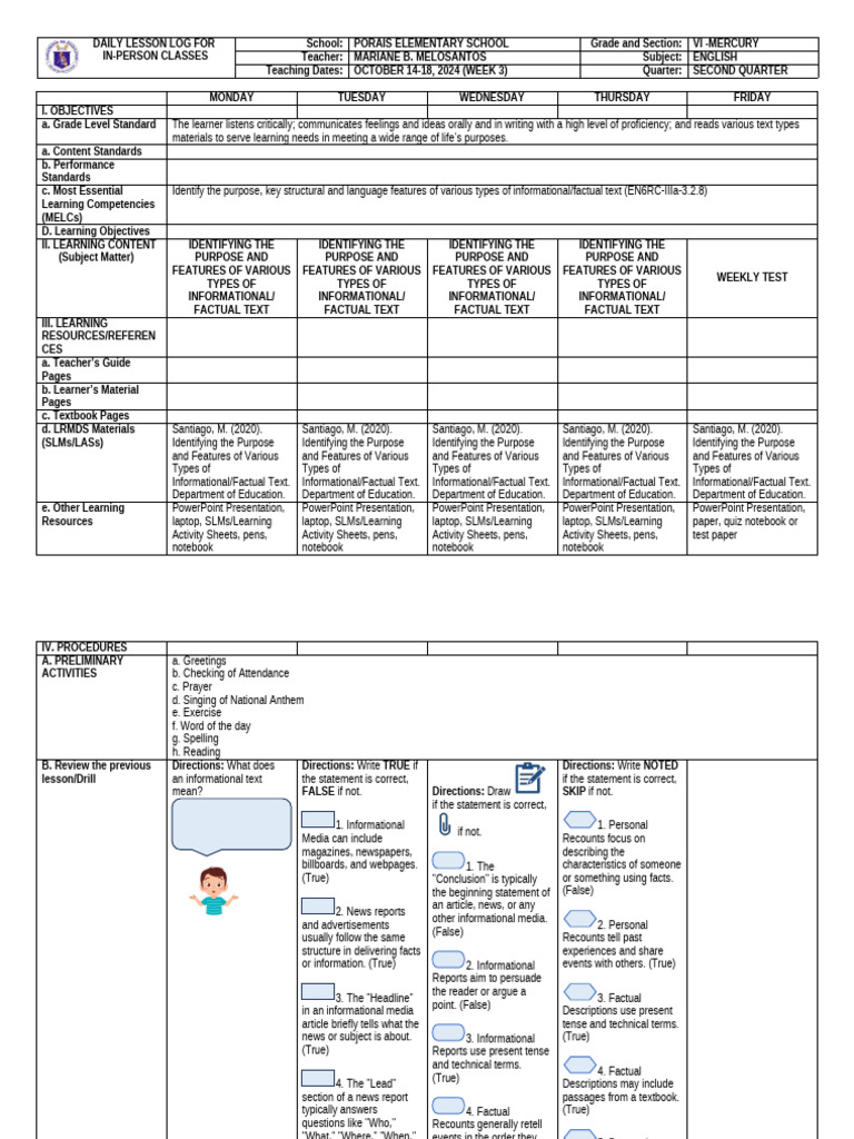 G6 Q2W2 DLL ENGLISH MELCs | PDF | Grammatical Tense | Information