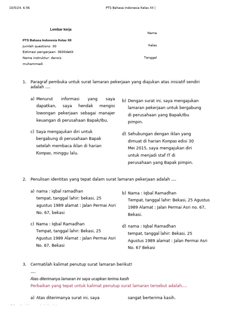 PTS Bahasa Indonesia Kelas XII - Quizizz | PDF
