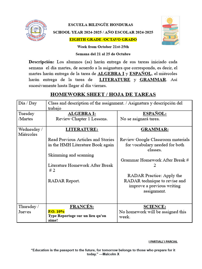 8vo Grado Hoja de Tareas#8 (IParcial) _ 8th Grade Homeworksheet #8(I Partial).docx | PDF