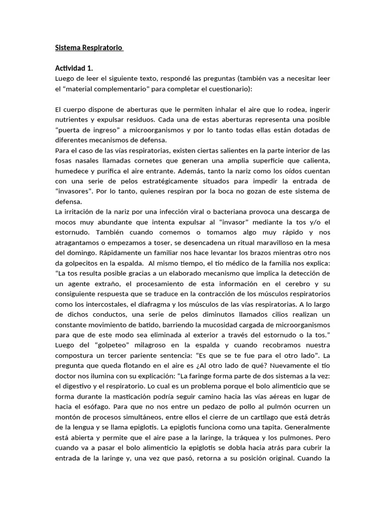 Sistema Respiratorio. Actividades. | PDF | Sistema respiratorio ... Sistema Respiratorio. Actividades. | PDF | Sistema respiratorio ...