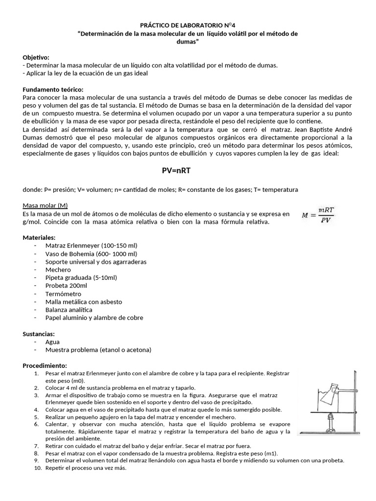 Pr-Ctico 4 Masa Molar Por Dumas | PDF | Gases | Densidad