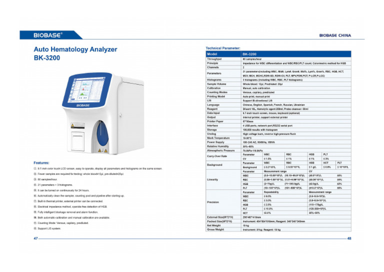 3 Part Auto Hematology Analyzer BK-3200 | PDF