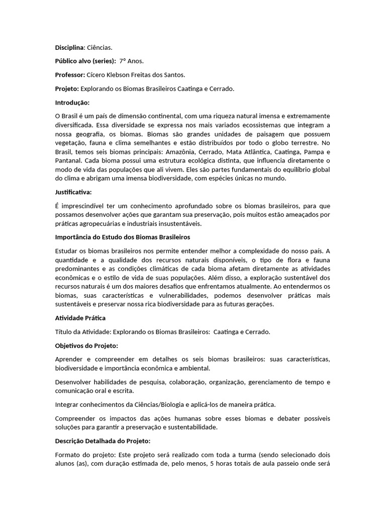 Projeto Biomas Brasileiro Klebson | PDF | Biodiversidade | Sustentabilidade