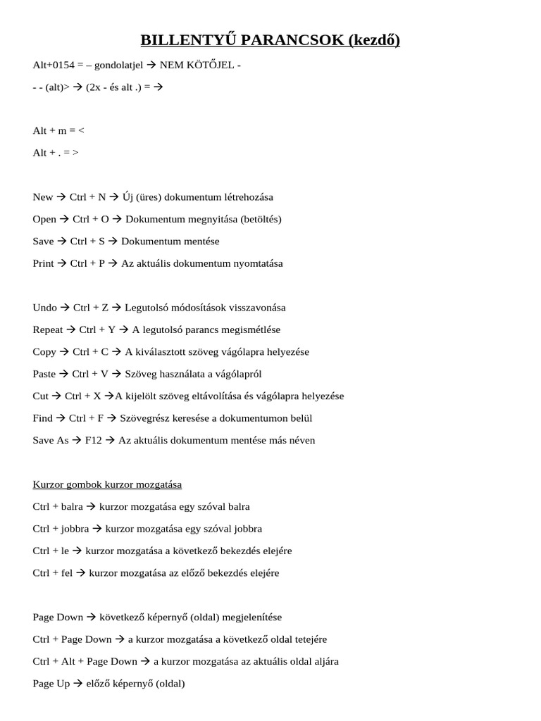 BILLENTYŰ PARANCSOK (Kezdő) | PDF