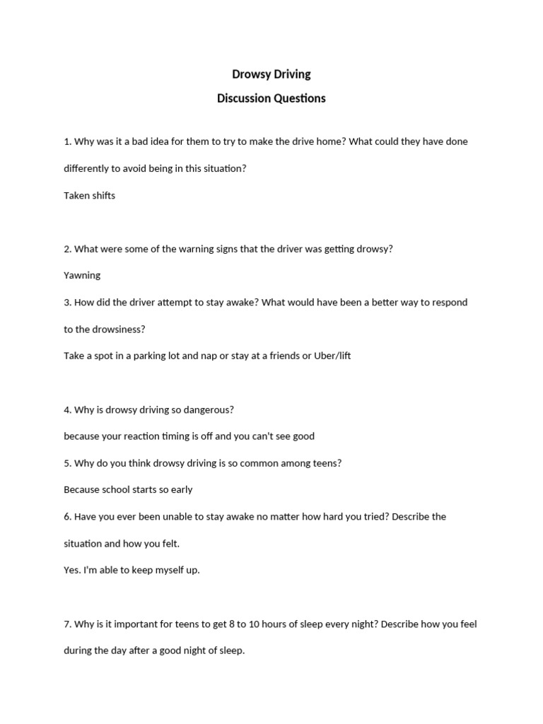 Drowsy Driving Questions | PDF