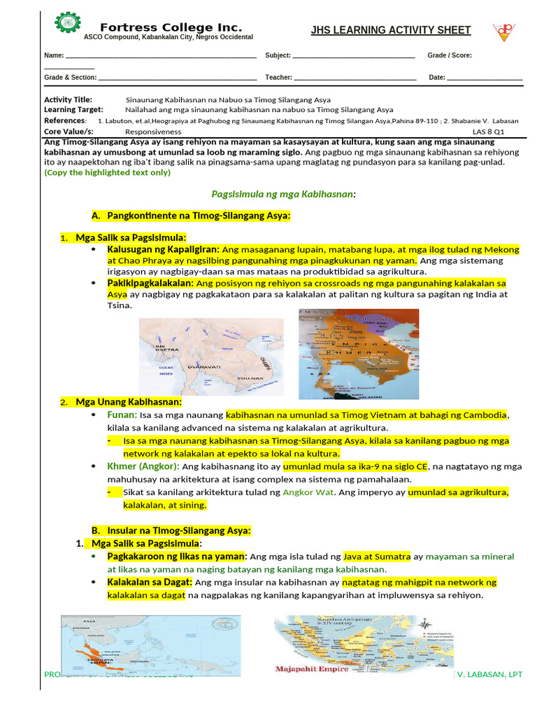 Fortress College Inc.: Jhs Learning Activity Sheet | PDF