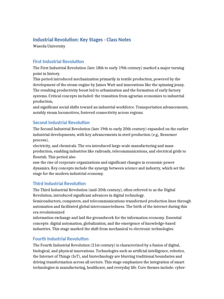 Industrial Revolution Stages Class Notes Waseda University | PDF ...