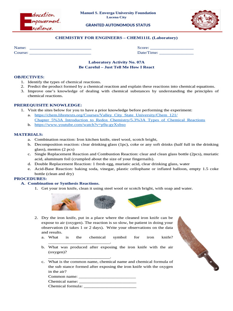 CHEM 111L - Experiment-7A | PDF | Chemical Reactions | Chemical Substances