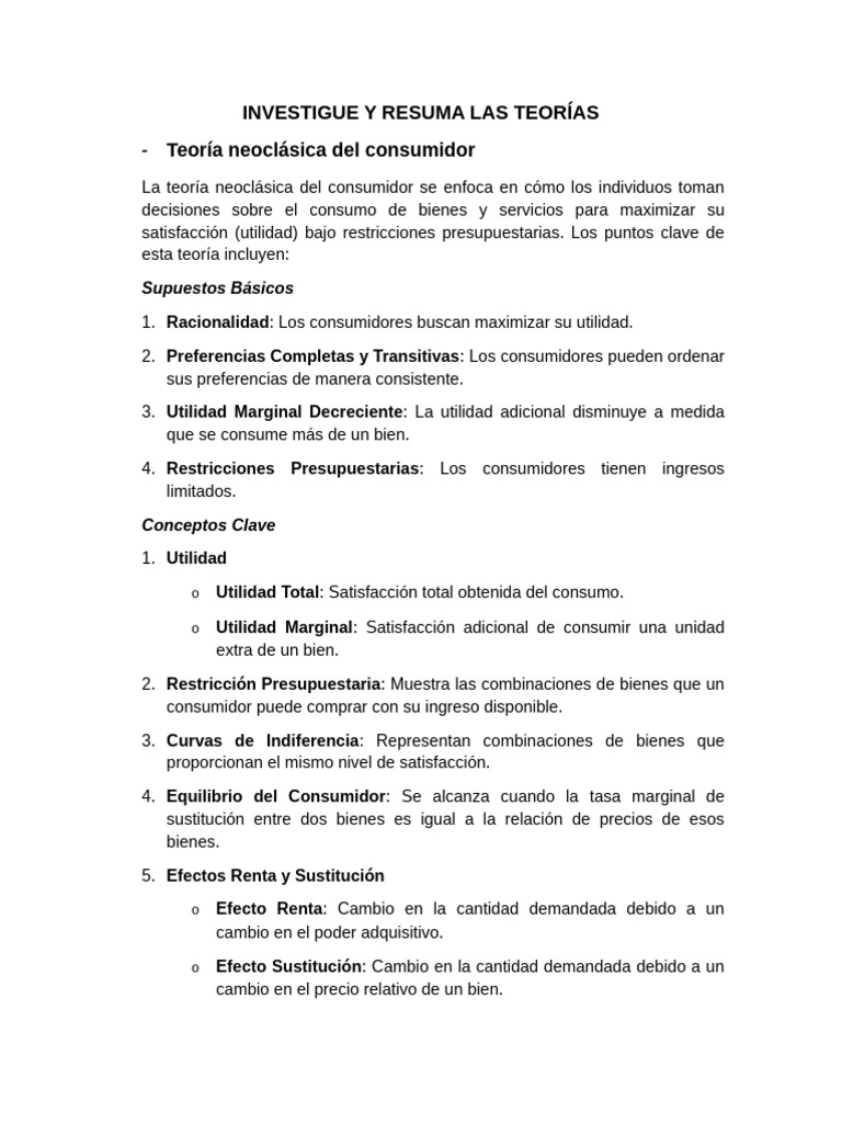 Investigue y Resuma Las Teorías | PDF | Utilidad | Curva de demanda