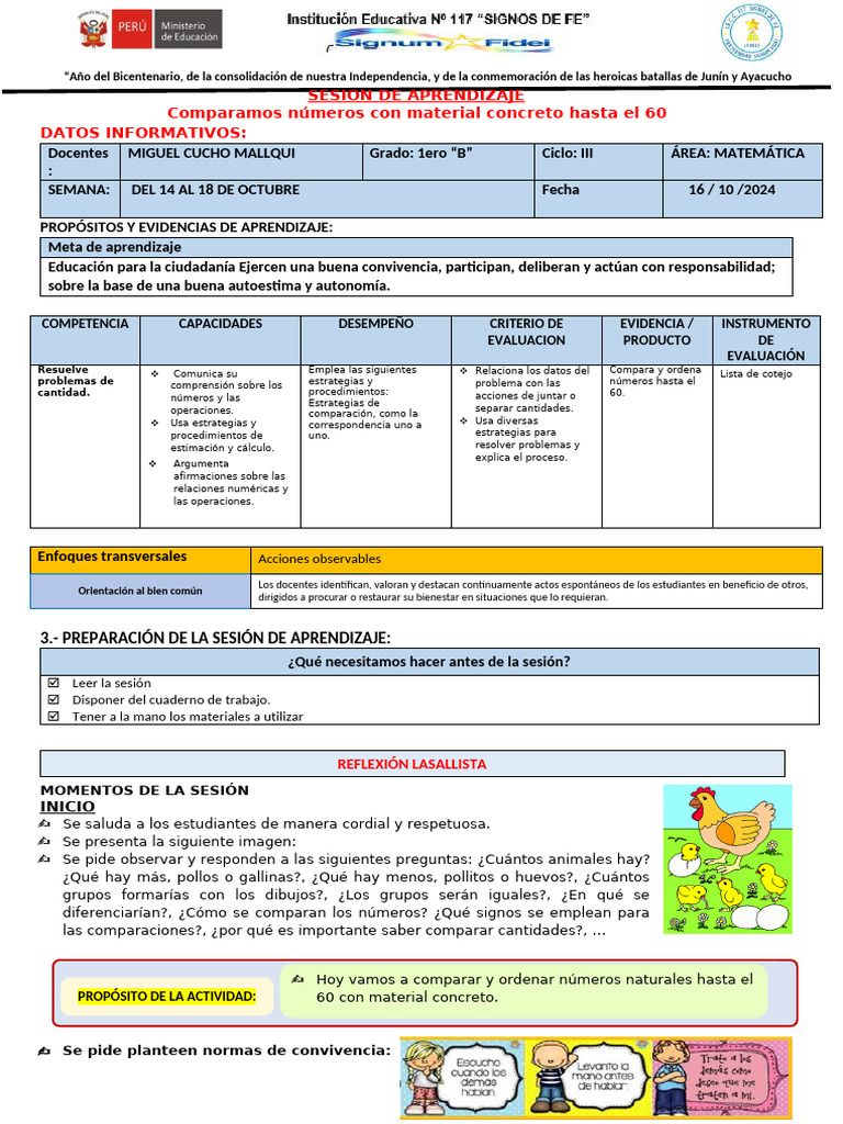 SESIÓN MATEMÁTICA Comparamos Números Con Material Concreto Hasta El 60 | PDF | Evaluación ...