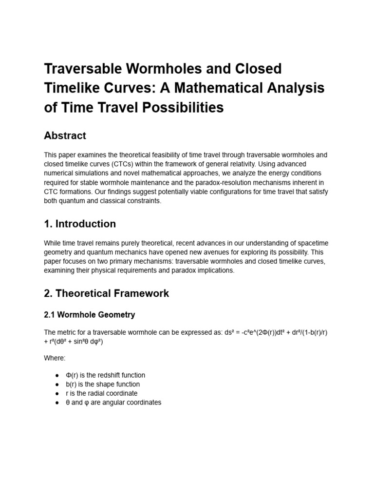 Traversable Wormholes and Closed Timelike Curves - A Mathematical Analysis of Time Travel ...