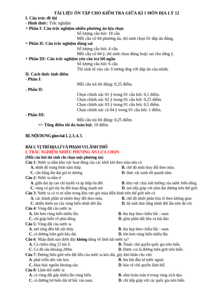 ĐỊA 12 - ĐỀ CƯƠNG KTRA GK1. gui hs | PDF
