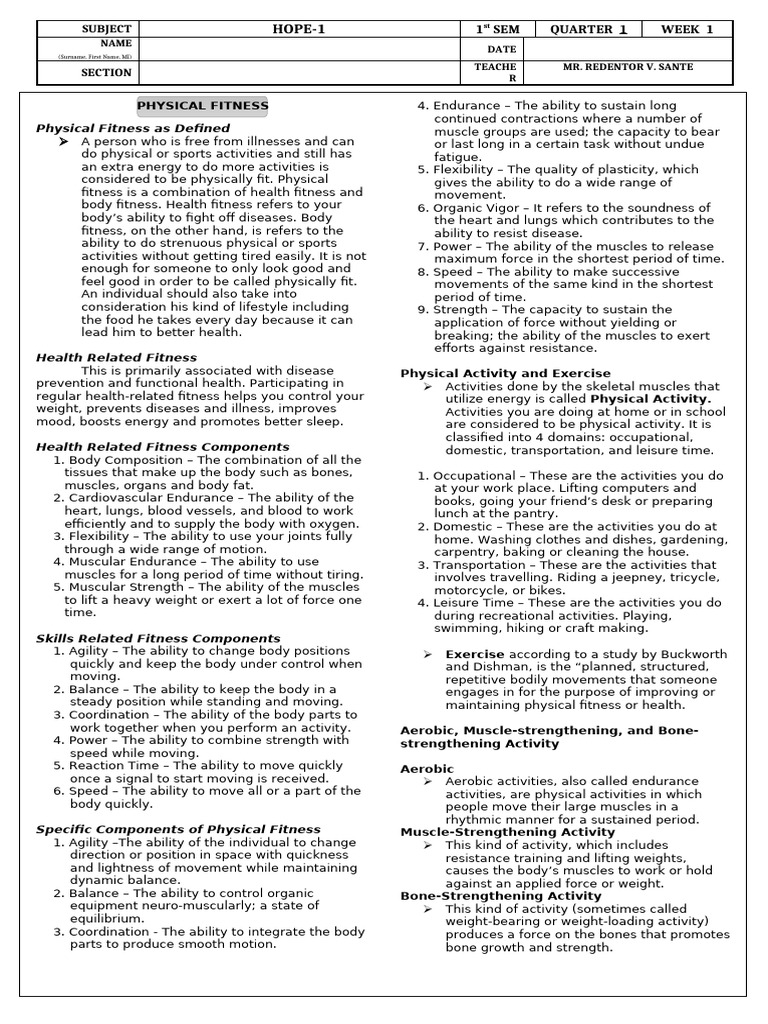 HOPE - Module and Worksheet - Q1 - WEEK1 Physical Fitness | PDF | Physical Fitness | Strength ...