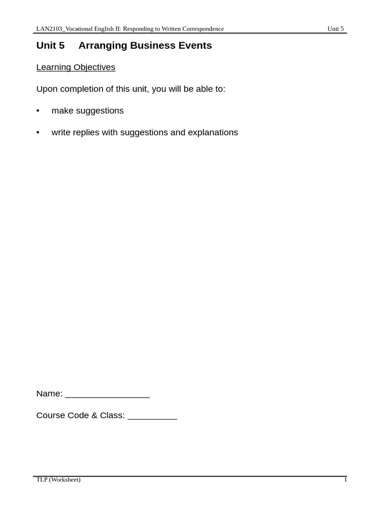 LAN2103 - Vocational English II - Responding To Written Correspondence - TLP - U5 - WS | PDF