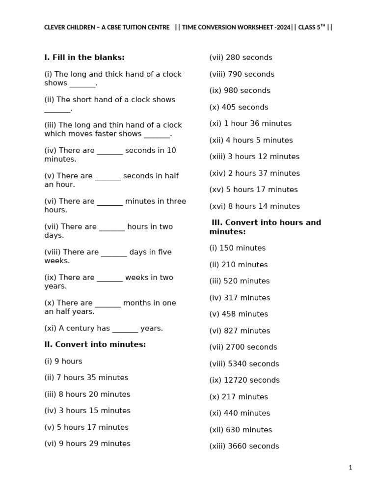 Time Worksheet Class 5TH | PDF