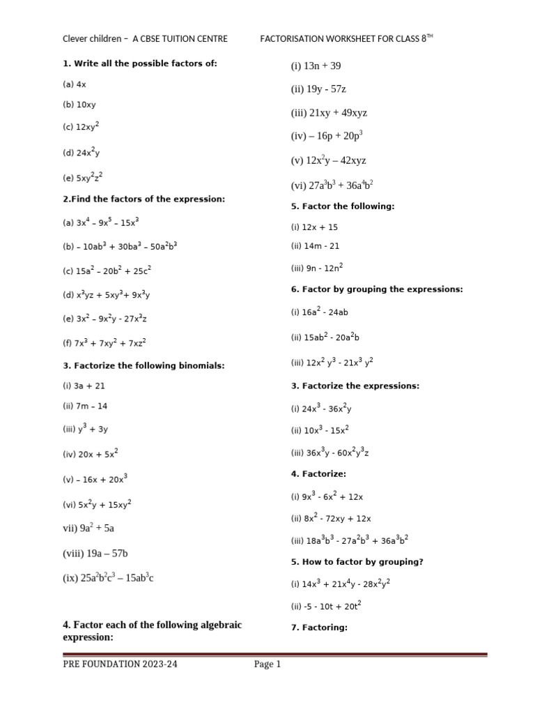 Factorisation Worksheet Class 8TH | PDF | Factorization | Algebra