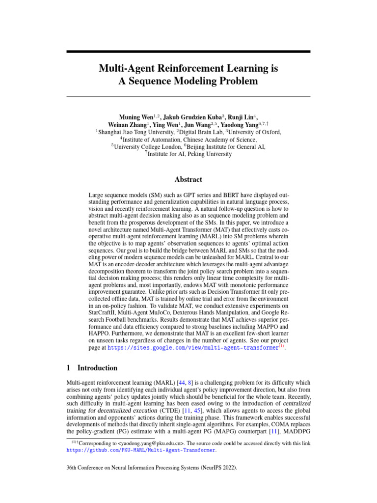 NeurIPS 2022 Multi Agent Reinforcement Learning Is A Sequence Modeling Problem Paper Conference ...