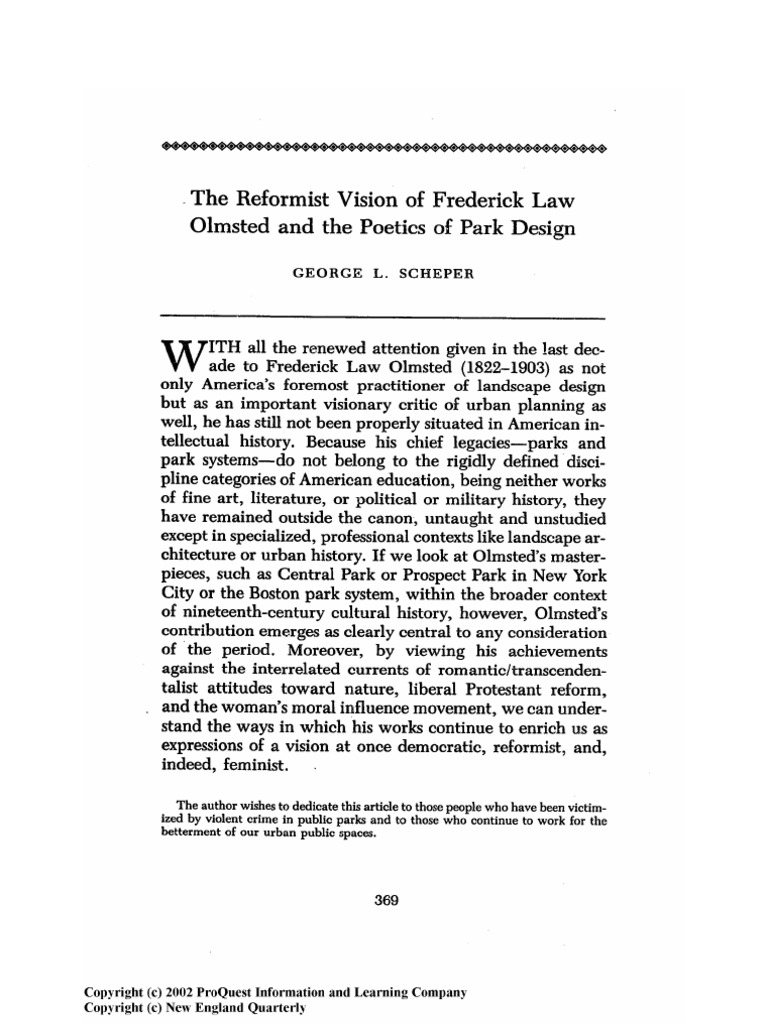 The Reformist Vision of Frederick Law Olmsted and The Poetics of Park ...