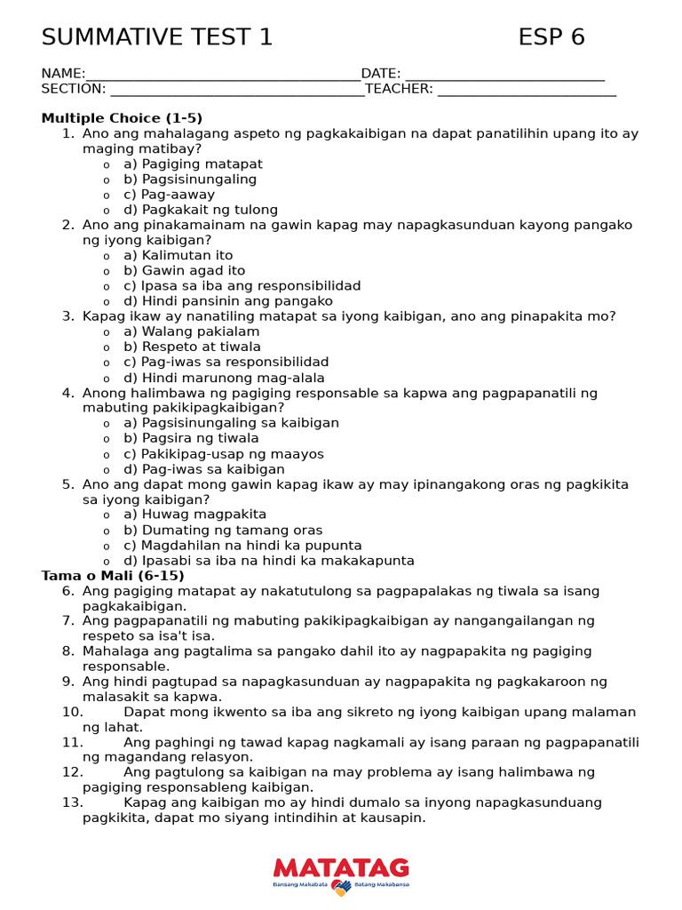 Esp 6 Summative 01 | PDF