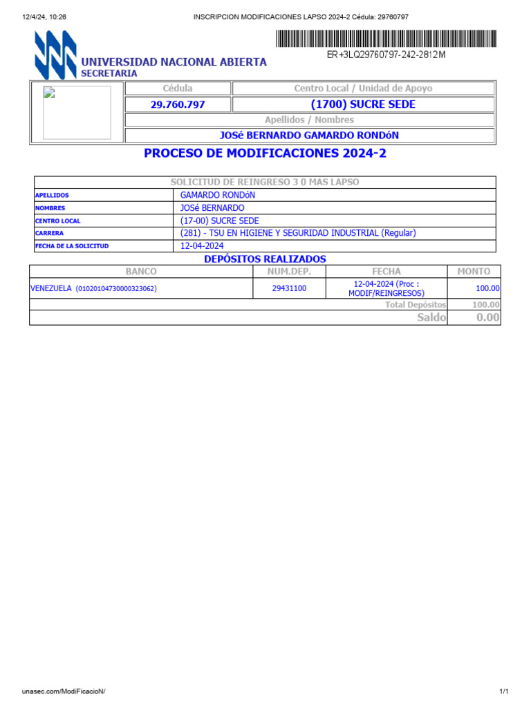 Modificaciones Inscripción 2024-2 UNASO | PDF