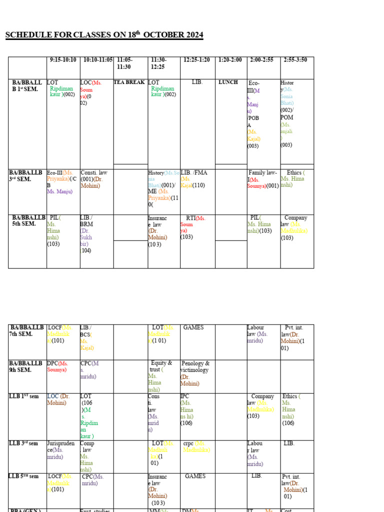 Class Schedule for October 18, 2024 | PDF