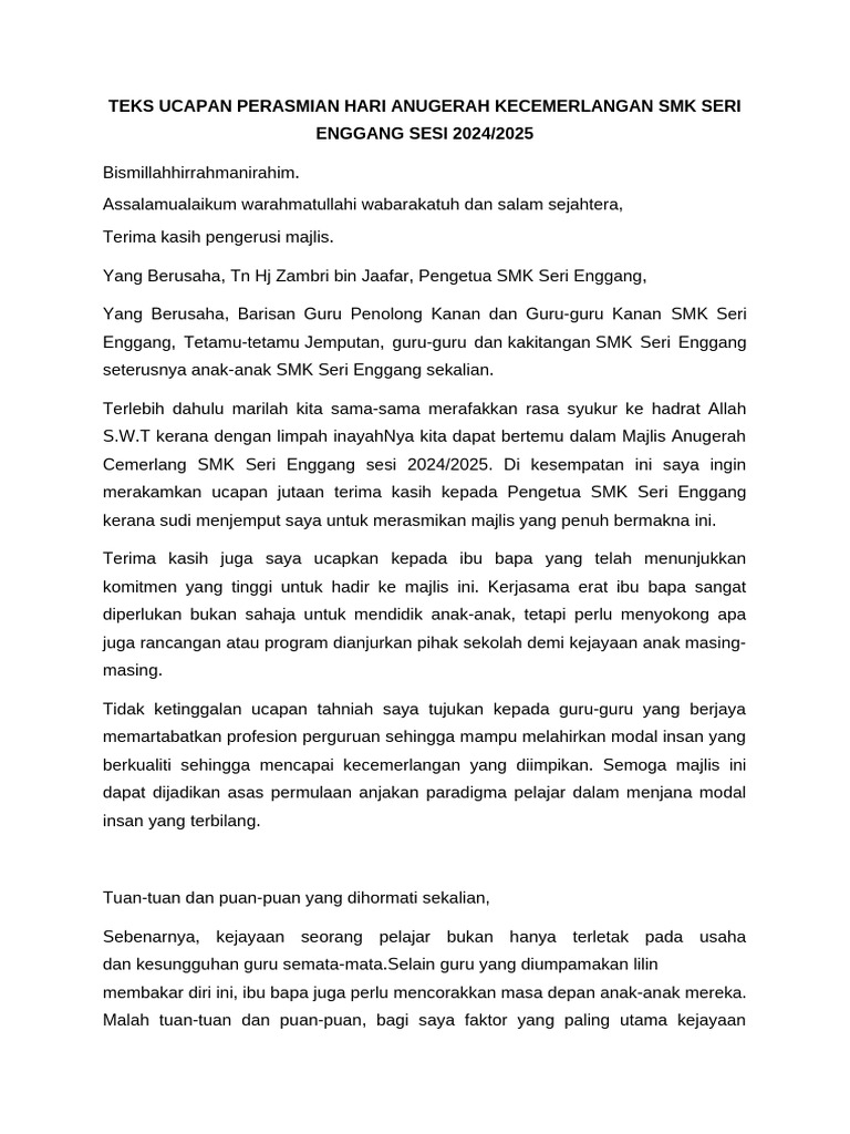 Teks Ucapan Perasmian Hari Anugerah Cemerlang 2024 | PDF | Karier & Perkembangan