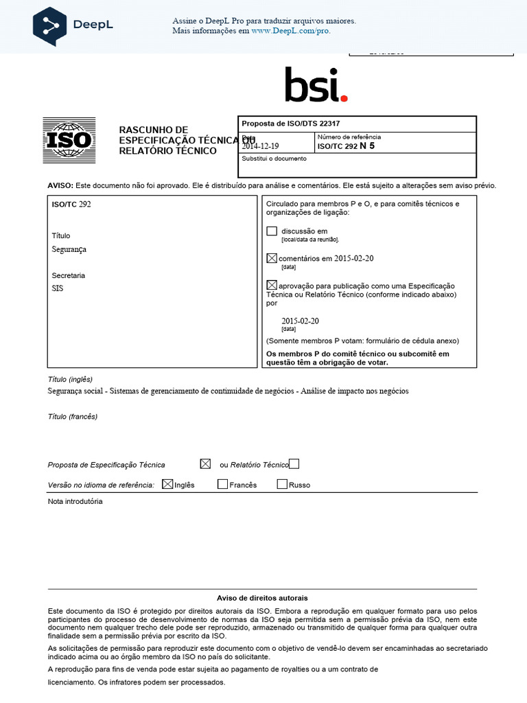 ISO 22317 - BIA (Draft) PT | PDF | Padronização | Liderança