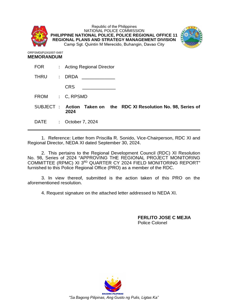 Memo To NEDA XI Re Acton Taken of PRO 11 On The RDC XI Res No 98 | PDF ...