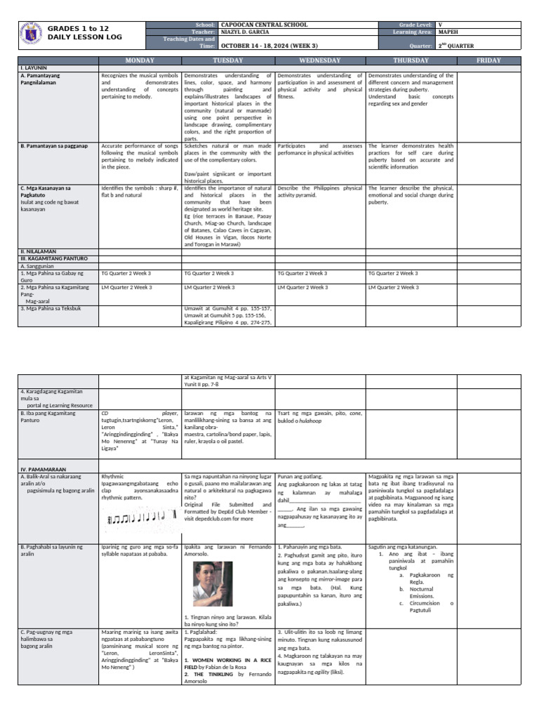 DLL - Mapeh 5 - Q2 - W3 | PDF